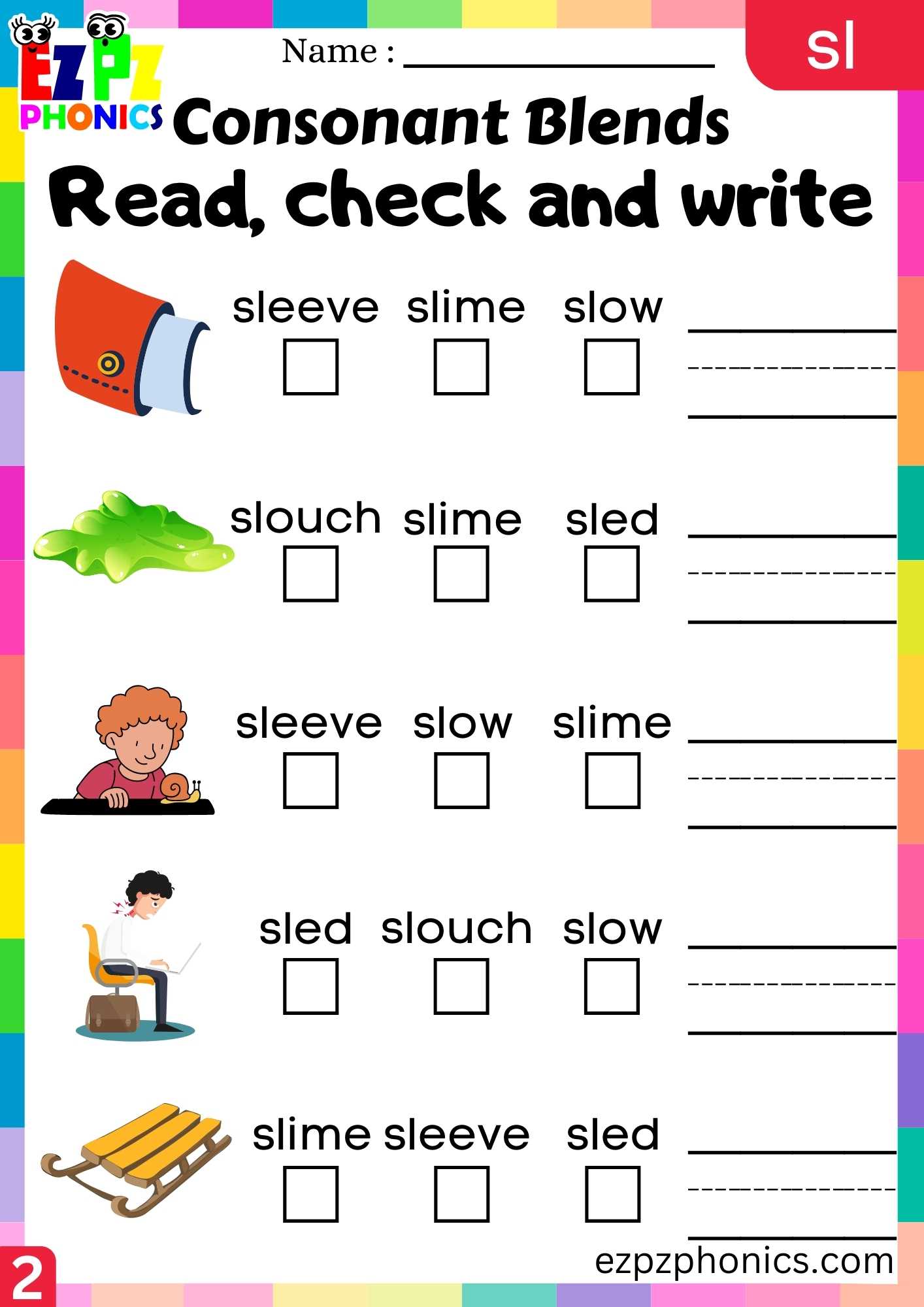 Group2 SL Words Read, Check And Write Phonics Consonant Blends Worksheet - ezpzphonics.com